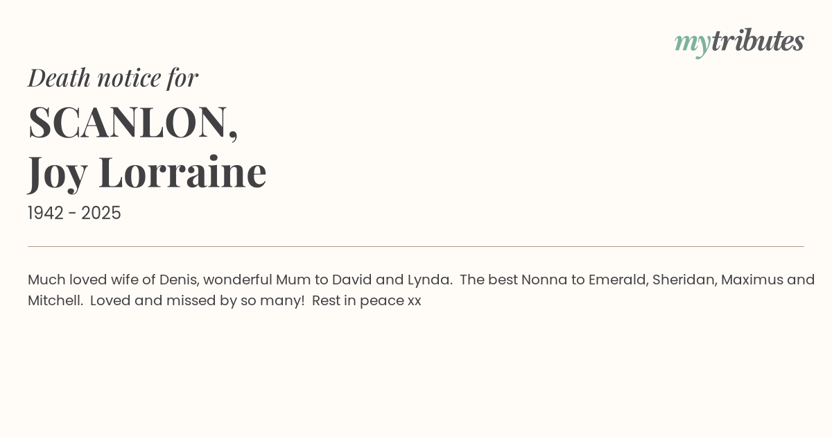 SCANLON, Joy Lorraine | Death Notices | Melbourne | My Tributes