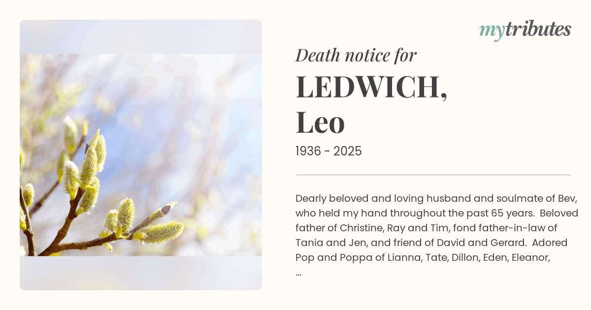 LEDWICH, Leo | Death Notices | Melbourne | My Tributes