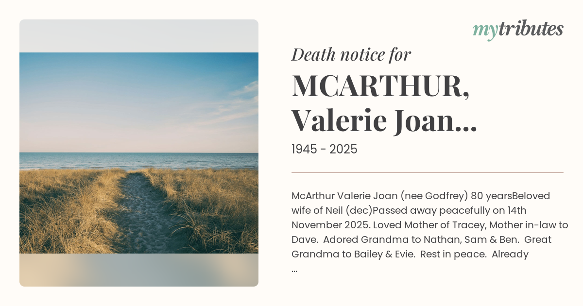 MCARTHUR, Valerie Joan (nee Godfrey) | Death Notices | Melbourne | My ...