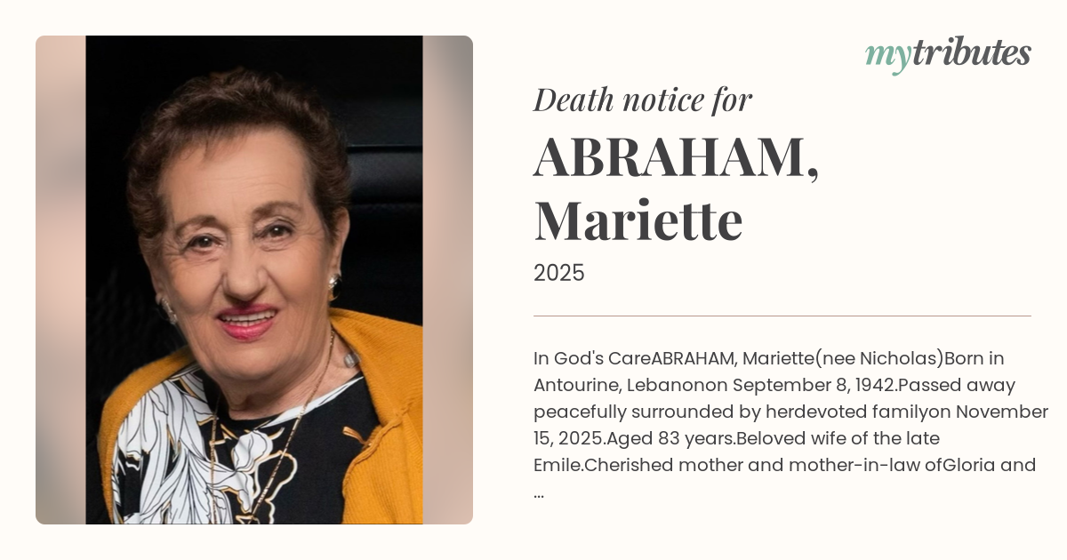 ABRAHAM, Mariette | Death Notices | Adelaide | The Advertiser