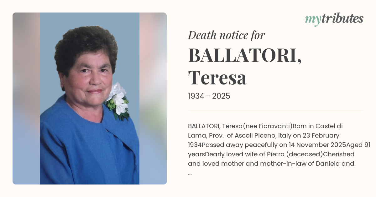 BALLATORI, Teresa | Death Notices | Adelaide | My Tributes