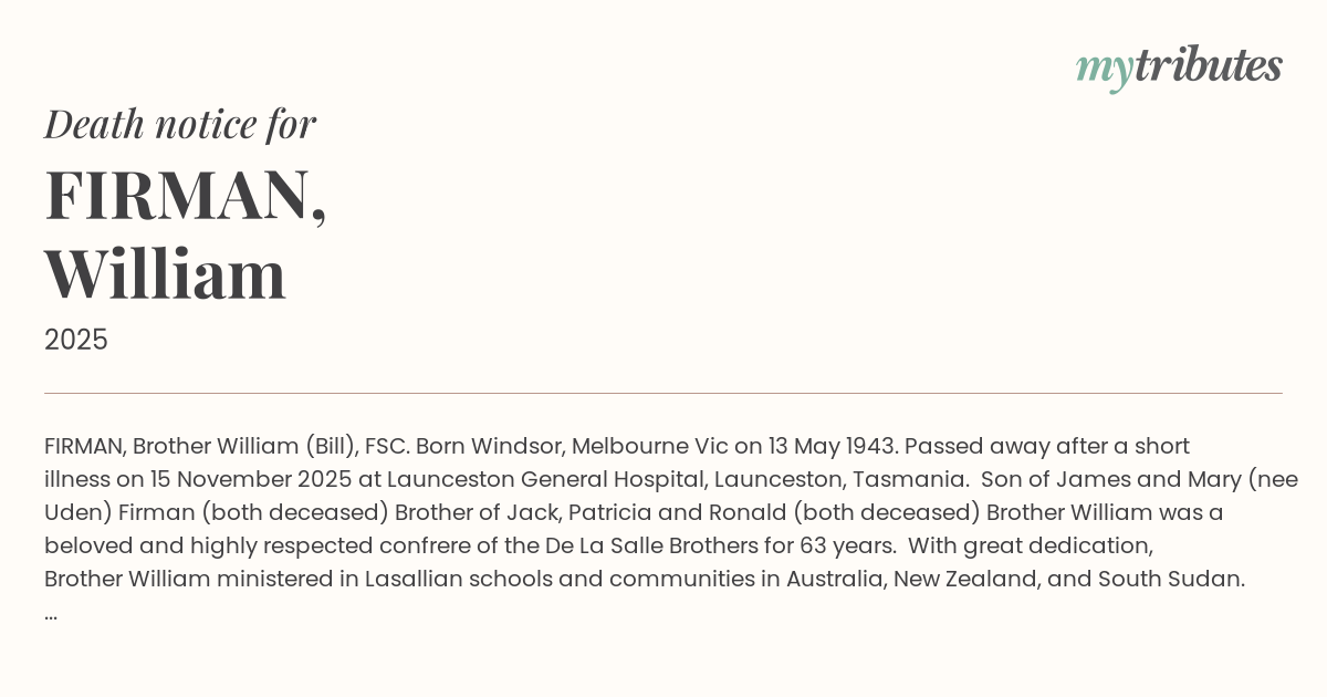 FIRMAN, William | Death Notices | Melbourne | Herald Sun