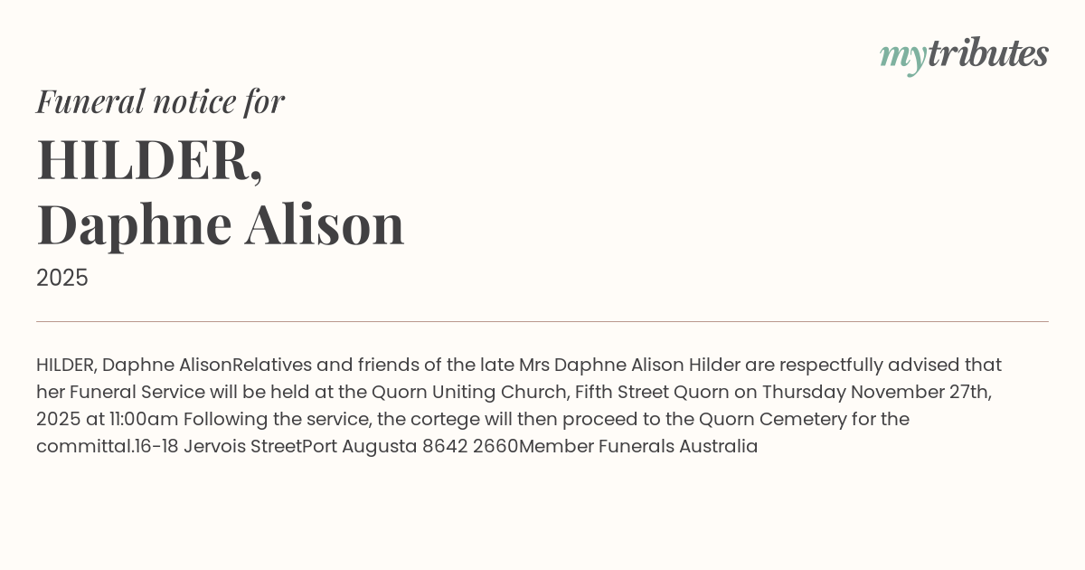 HILDER, Daphne Alison | Funeral Notices | Adelaide | My Tributes