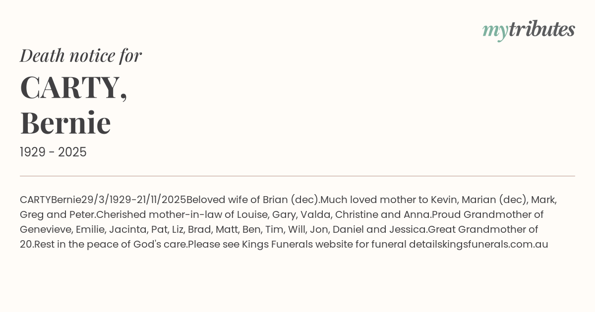 CARTY, Bernie | Death Notices | Geelong, Melbourne | Gold Coast Bulletin