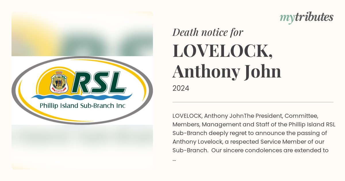 LOVELOCK, Anthony John | Death Notices | Melbourne | The Chronicle