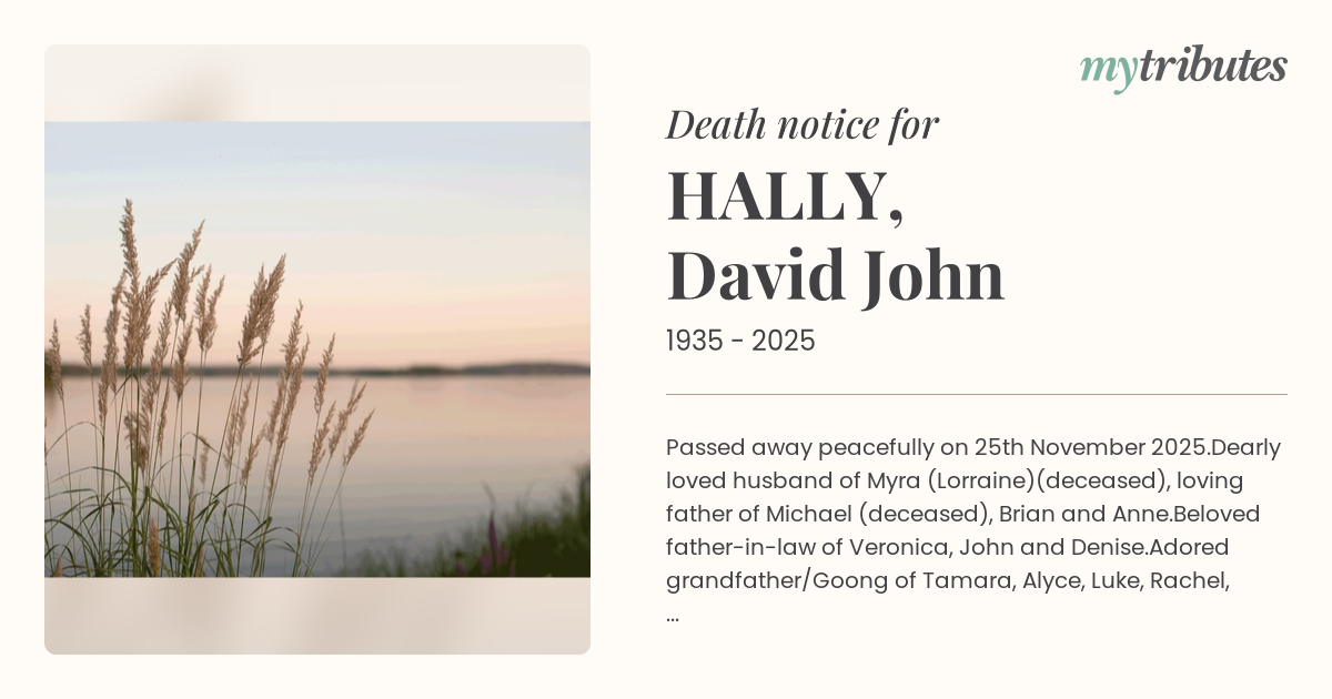 HALLY, David John | Death Notices | Melbourne | My Tributes