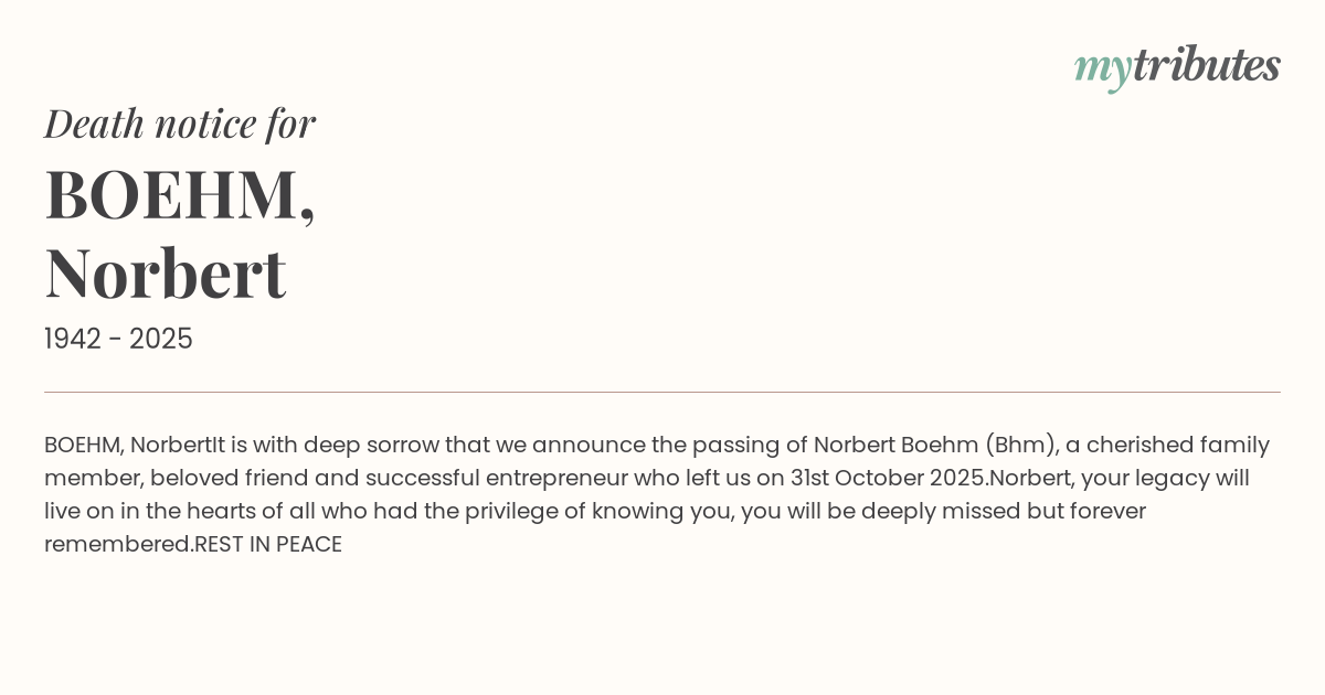 BOEHM, Norbert | Death Notices | Melbourne | The Advertiser