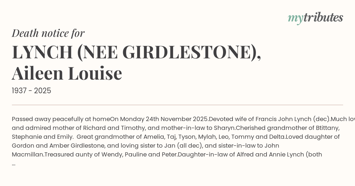 LYNCH (NEE GIRDLESTONE), Aileen Louise | Death Notices | Tasmania | The ...