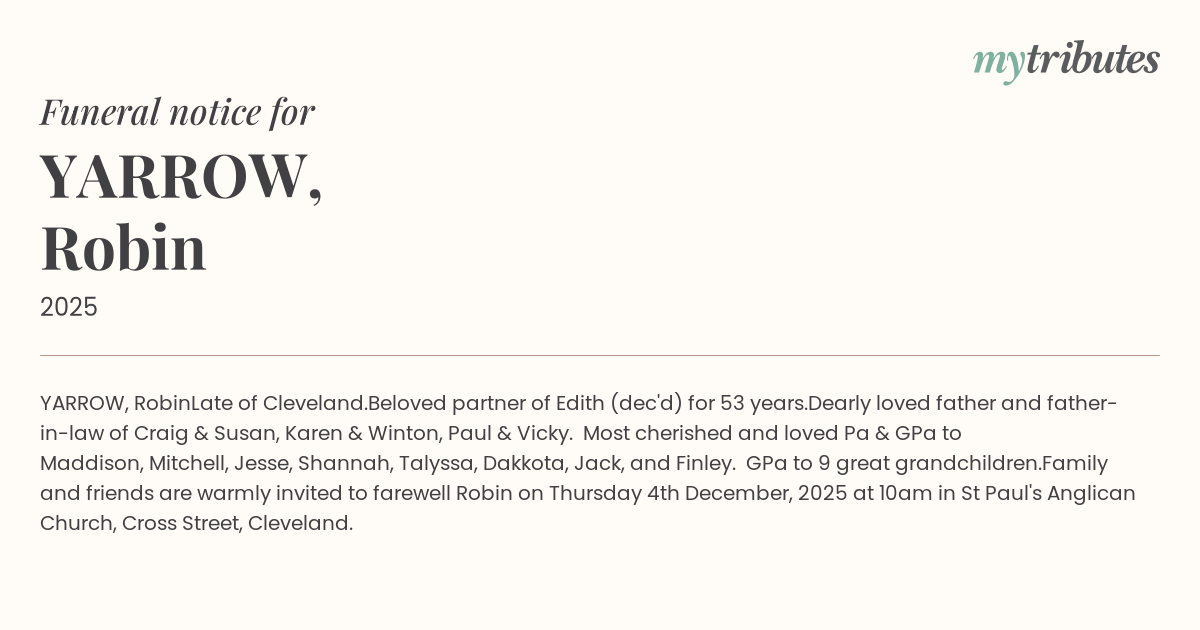 YARROW, Robin | Funeral Notices | Brisbane | My Tributes