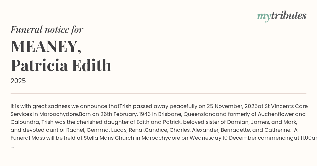 MEANEY, Patricia Edith | Funeral Notices | Brisbane | My Tributes