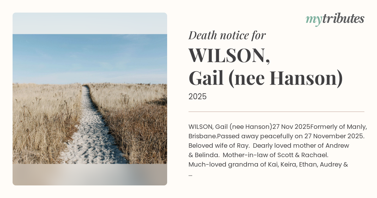 WILSON, Gail (nee Hanson) | Death Notices | Brisbane | My Tributes