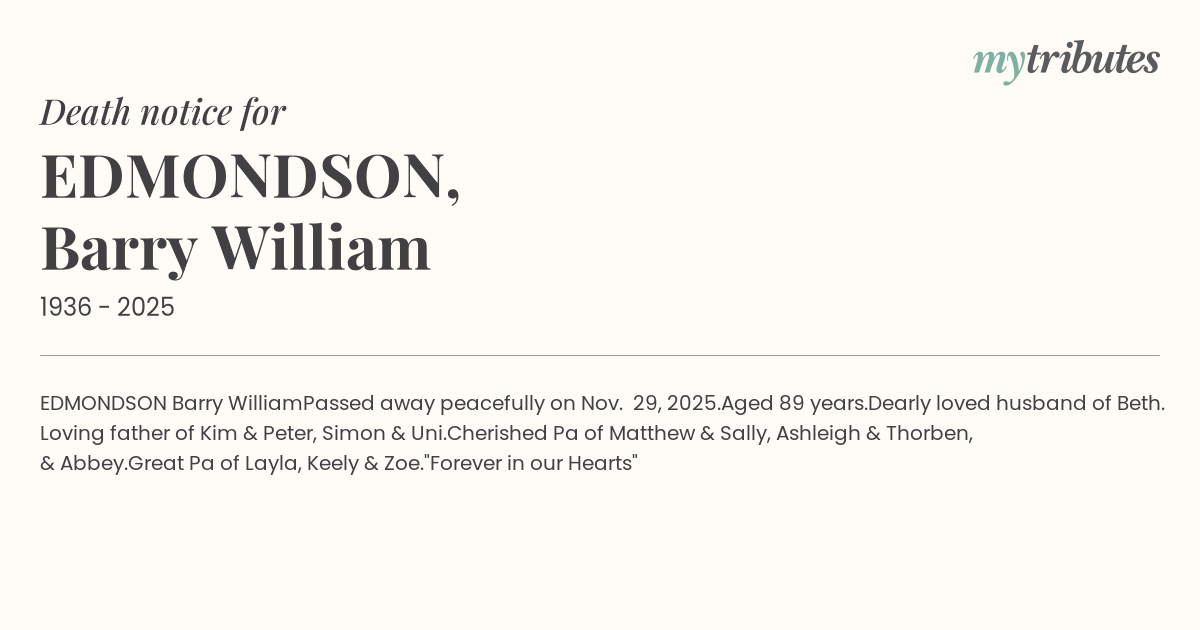 EDMONDSON, Barry William | Death Notices | Geelong | My Tributes