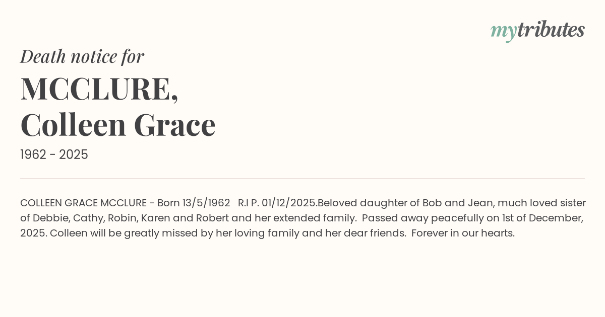 MCCLURE, Colleen Grace | Death Notices | Brisbane | My Tributes