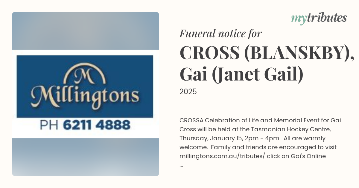 CROSS (BLANSKBY), Gai (Janet Gail) | Funeral Notices | Tasmania | My ...