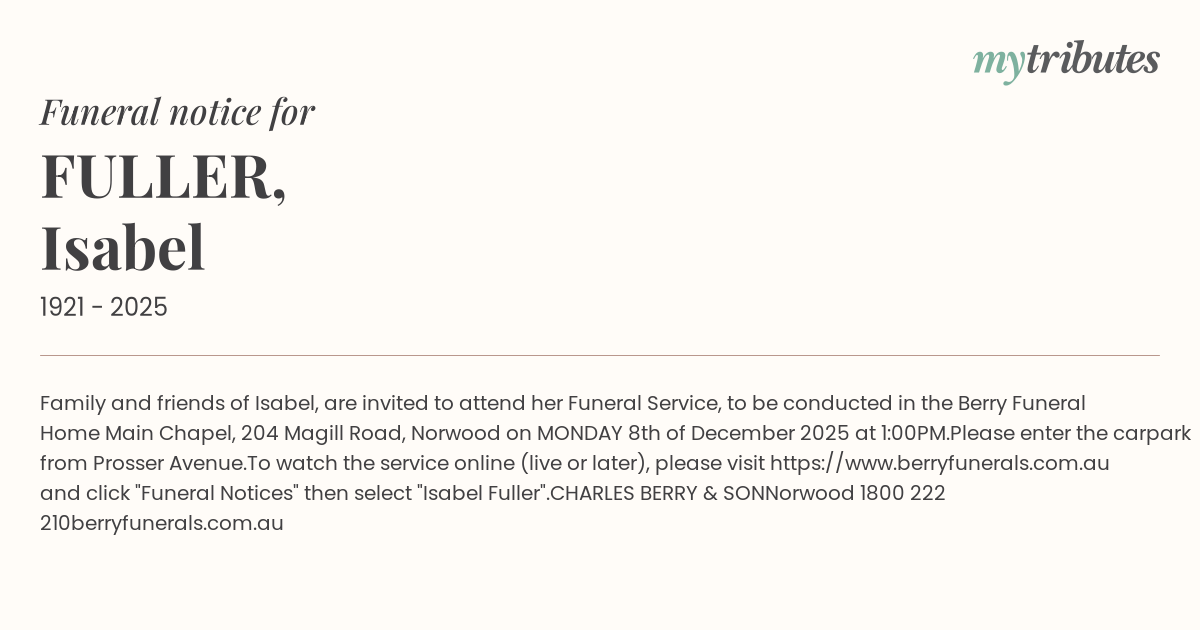 FULLER, Isabel | Funeral Notices | Adelaide | The Mercury