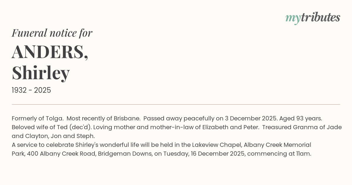 ANDERS, Shirley | Funeral Notices | Cairns | The Courier Mail