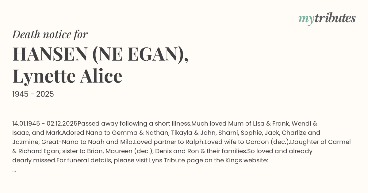 HANSEN (NÉE EGAN), Lynette Alice | Death Notices | Geelong | My Tributes