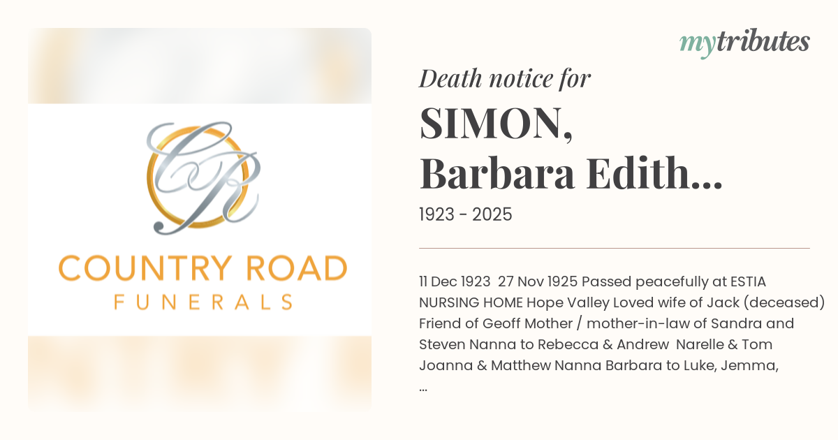 SIMON, Barbara Edith (née Boult) | Death Notices | Adelaide | My Tributes