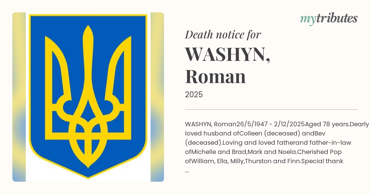WASHYN, Roman | Death Notices | Adelaide | The Advertiser