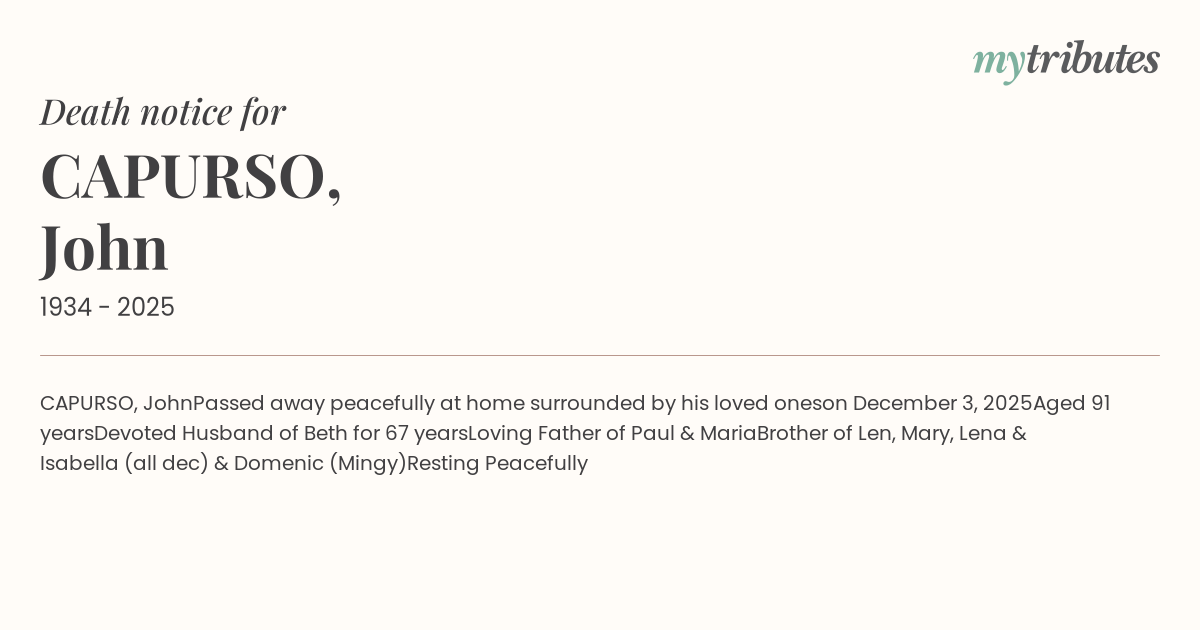 CAPURSO, John | Death Notices | Adelaide | My Tributes