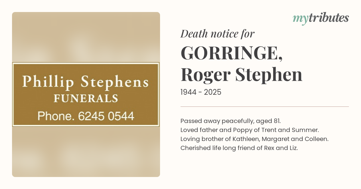 GORRINGE, Roger Stephen | Death Notices | Tasmania | My Tributes