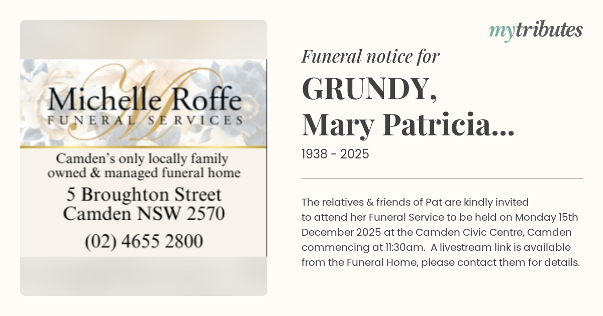 GRUNDY, Mary Patricia "Pat" | Funeral Notices | Sydney | Herald Sun