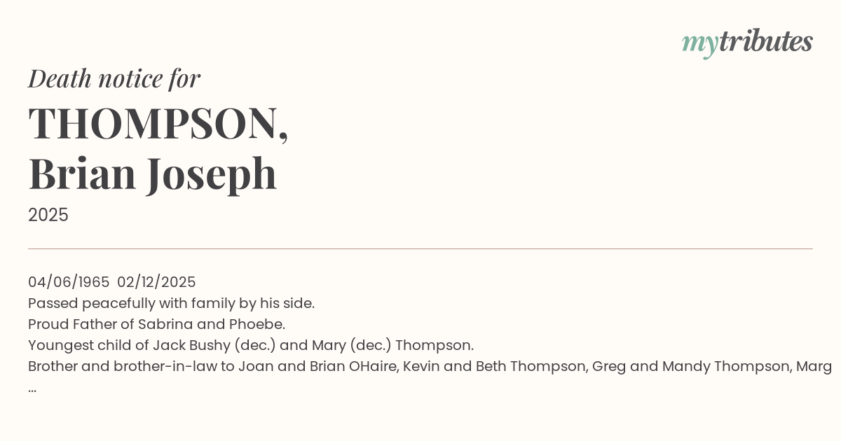 THOMPSON, Brian Joseph | Death Notices | Melbourne | The Mercury