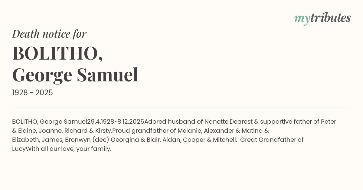 BOLITHO, George Samuel | Death Notices | Melbourne | My Tributes