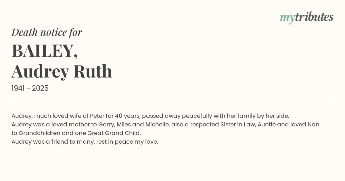 BAILEY, Audrey Ruth | Death Notices | Melbourne | My Tributes