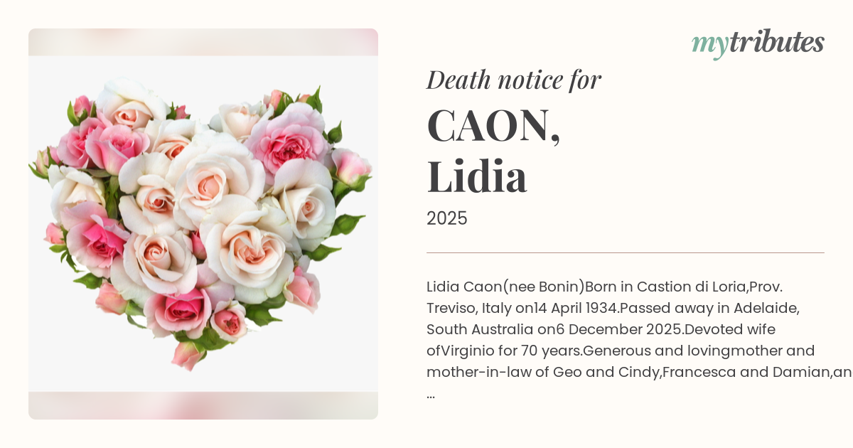 CAON, Lidia | Death Notices | Adelaide | My Tributes