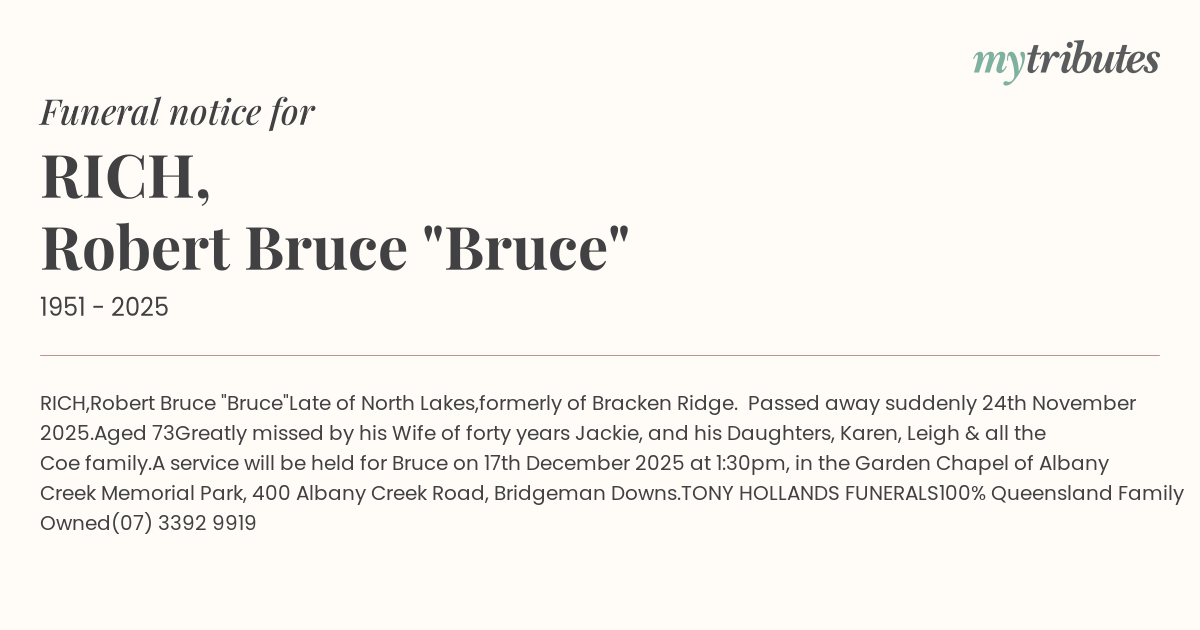 RICH, Robert Bruce "Bruce" | Funeral Notices | Brisbane | Geelong ...