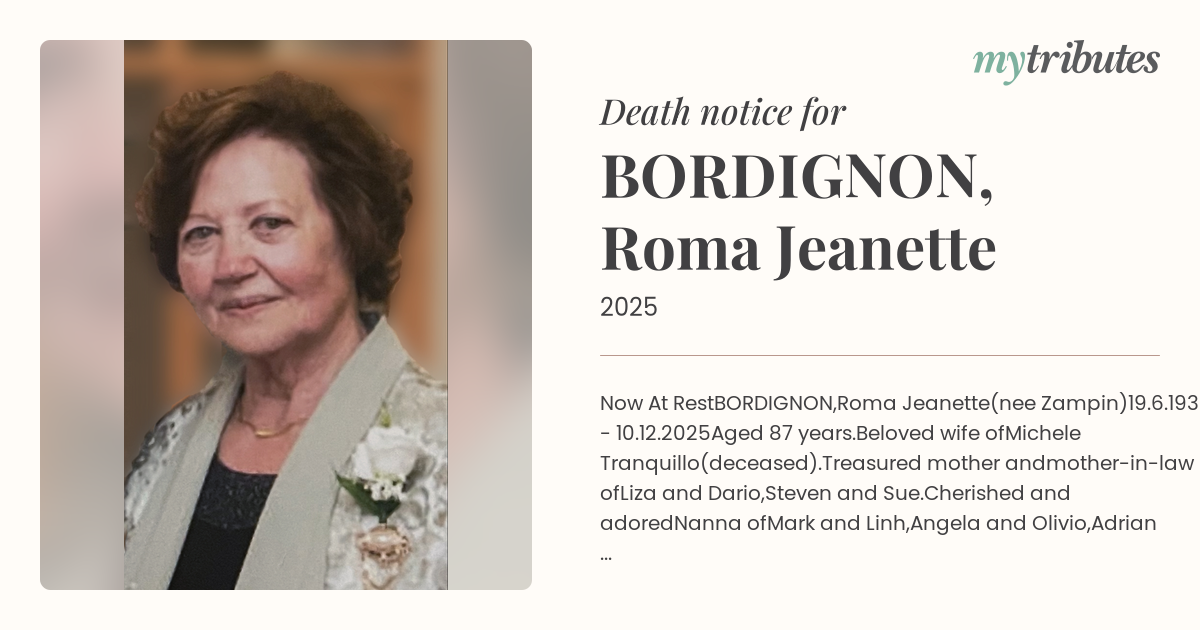 BORDIGNON, Roma Jeanette | Death Notices | Adelaide | The Advertiser