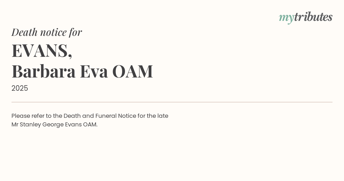 EVANS, Barbara Eva OAM | Death Notices | Adelaide | My Tributes