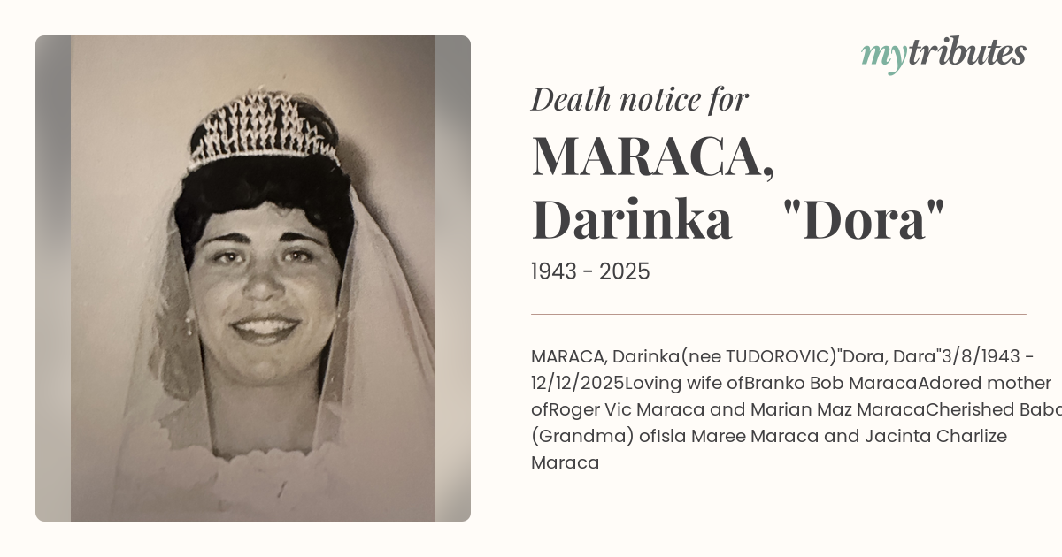 MARACA, Darinka "Dora" | Death Notices | Adelaide | The Advertiser