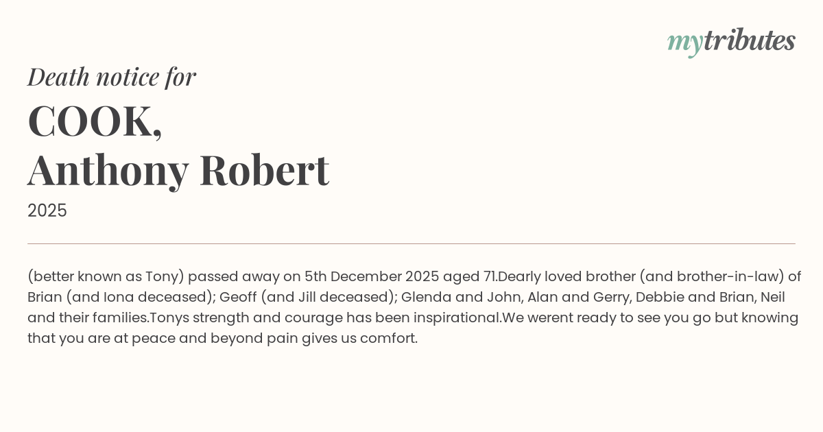 COOK, Anthony Robert | Death Notices | Adelaide | The Advertiser