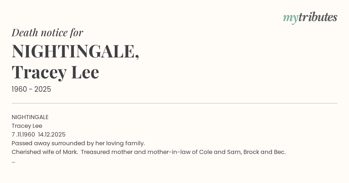NIGHTINGALE, Tracey Lee | Death Notices | Tasmania | The Chronicle