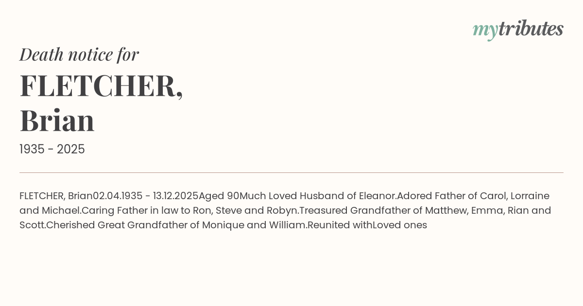 FLETCHER, Brian | Death Notices | Adelaide | The Cairns Post