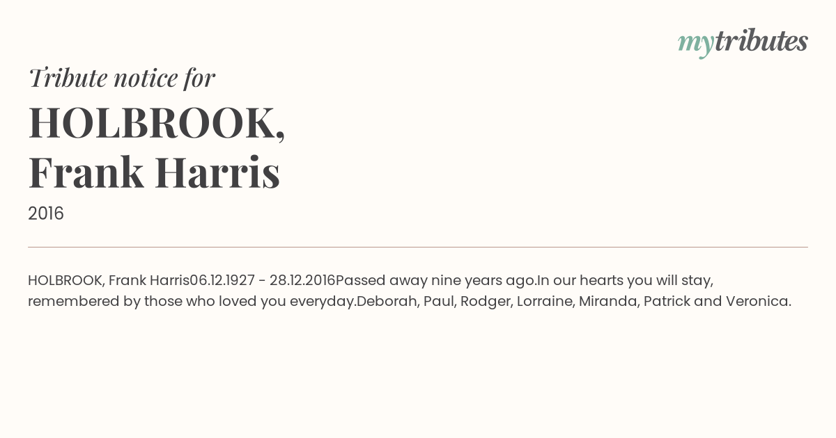 HOLBROOK, Frank Harris | Tributes | Adelaide | The Advertiser