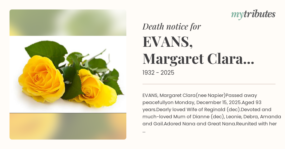 EVANS, Margaret Clara (nee Napier) | Death Notices | Adelaide | My Tributes
