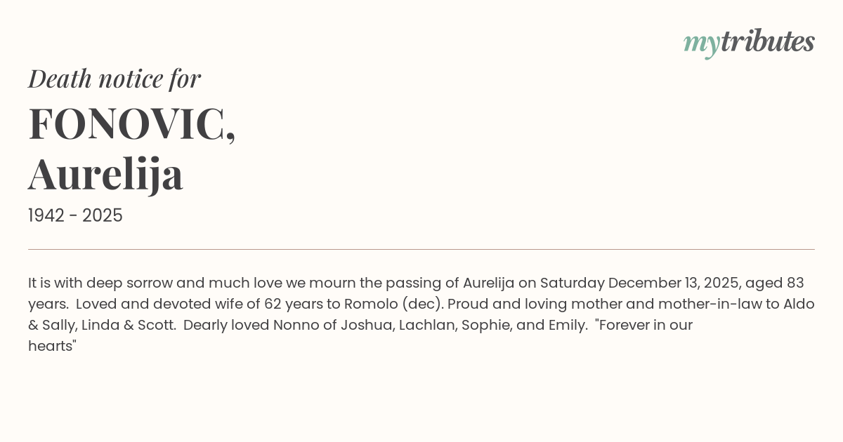 FONOVIC, Aurelija | Death Notices | Adelaide | My Tributes