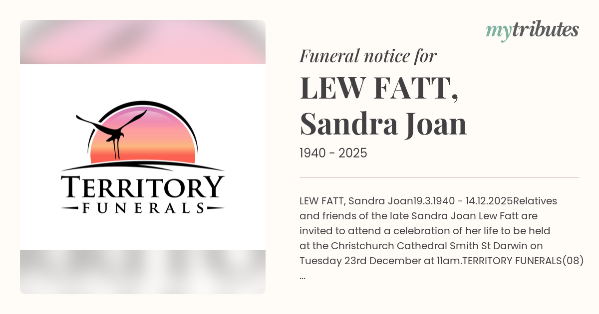 LEW FATT, Sandra Joan | Funeral Notices | Darwin | Herald Sun
