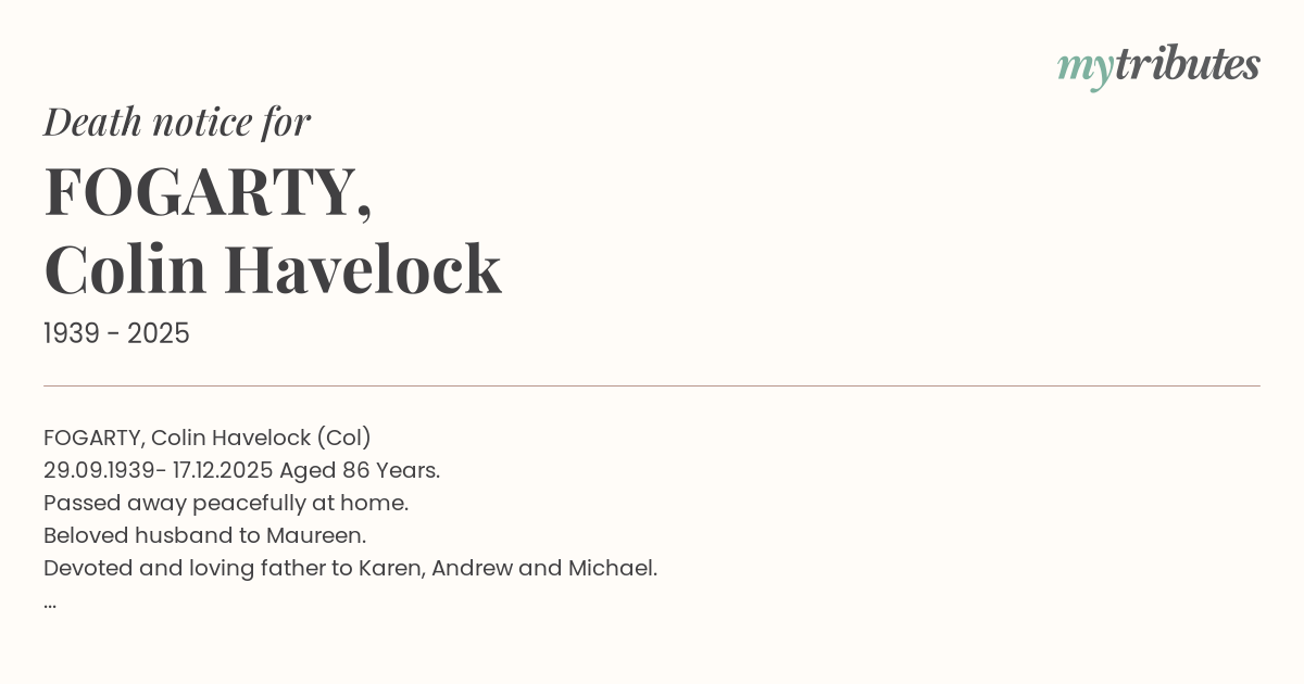 FOGARTY, Colin Havelock | Death Notices | Tasmania | The Courier Mail