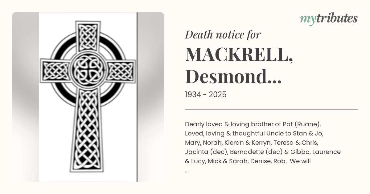 MACKRELL, Desmond Gregory MBE (Br Bede FSC) | Death Notices | Melbourne ...