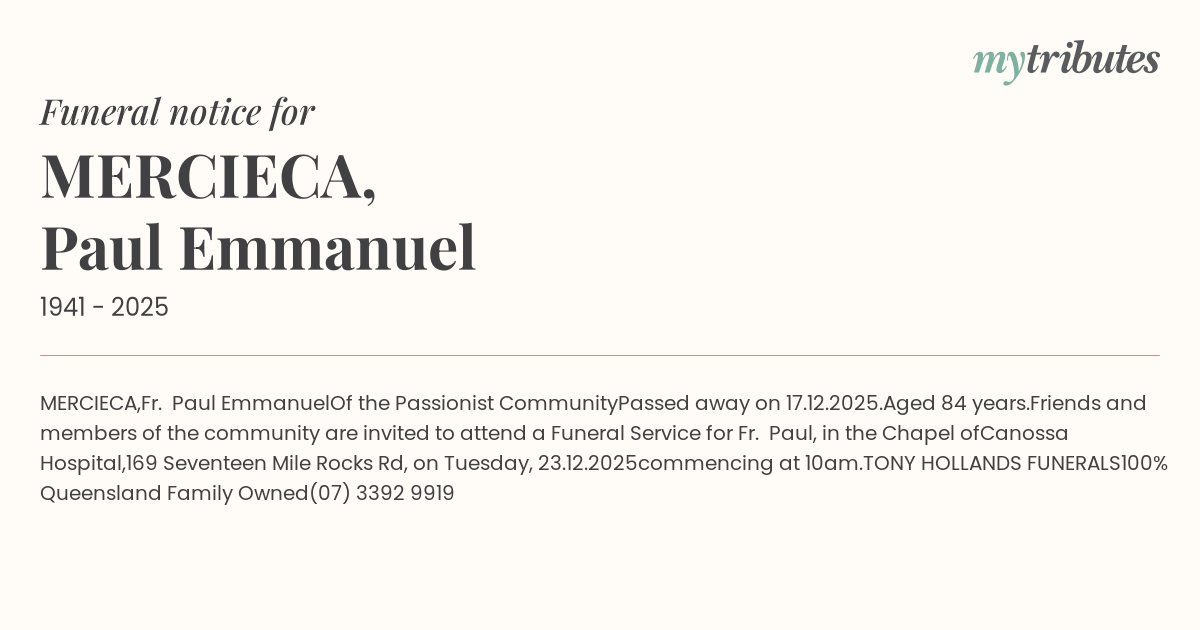 MERCIECA, Paul Emmanuel | Funeral Notices | Brisbane | The Chronicle