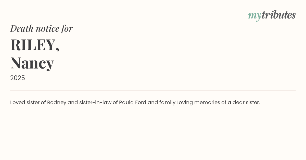 RILEY, Nancy | Death Notices | Tasmania | Weekly Times Now