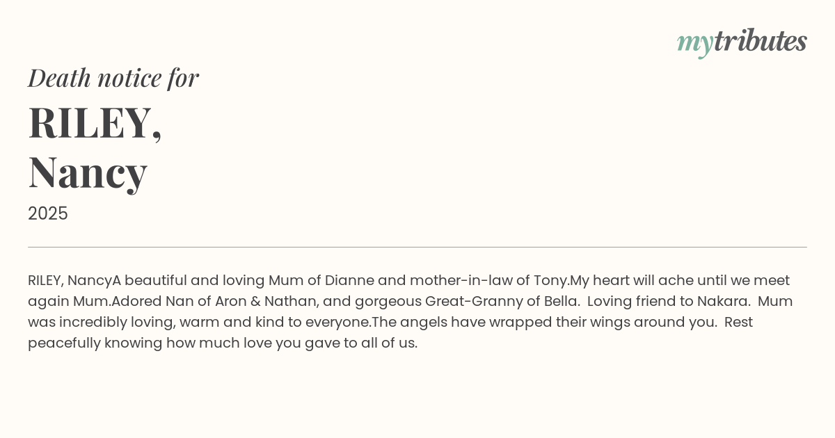 RILEY, Nancy | Death Notices | Tasmania | The Courier Mail