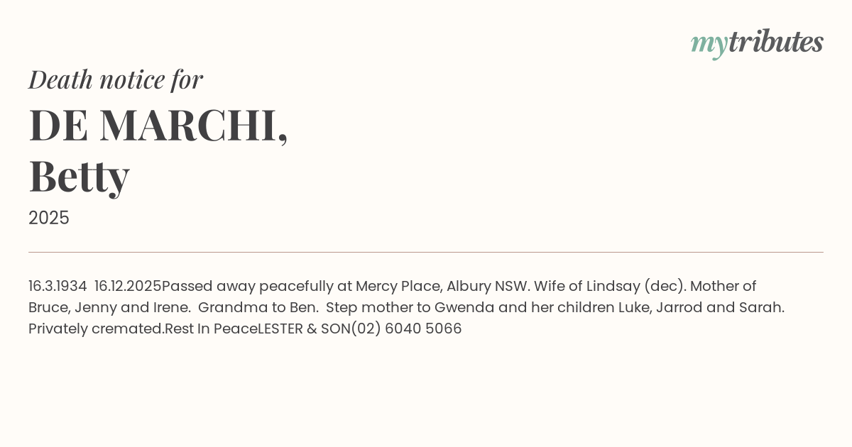 DE MARCHI, Betty | Death Notices | Melbourne | The Courier Mail