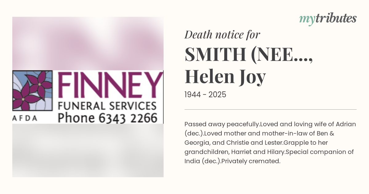 SMITH (NEE COLLINSON), Helen Joy | Death Notices | Tasmania | Weekly ...