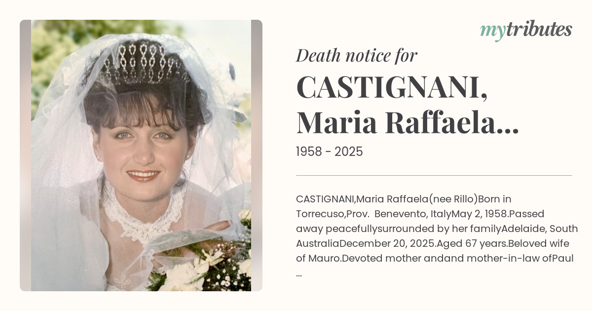 CASTIGNANI, Maria Raffaela (nee Rillo) | Death Notices | Adelaide | My ...