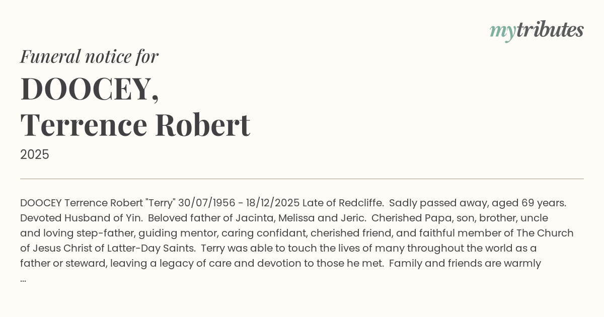 DOOCEY, Terrence Robert | Funeral Notices | Brisbane | The Courier Mail
